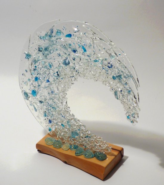 Vitreus Art - Tempest freestanding fused glass art on a wooden plinth